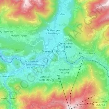 Mappa topografica Brunico, altitudine, rilievo